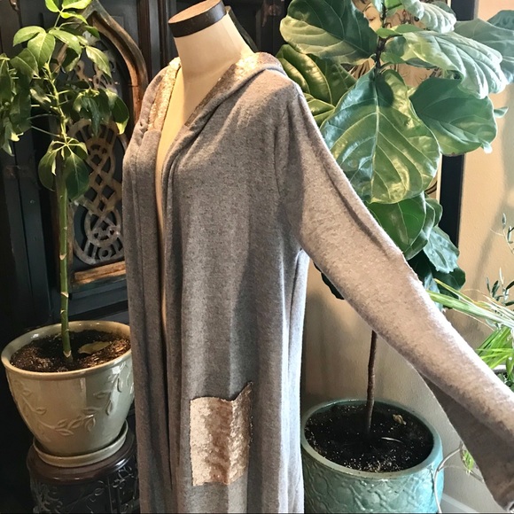 L Love | Sweaters | Ava Hooded Sequin Gray Duster Cardigan Sweater ...